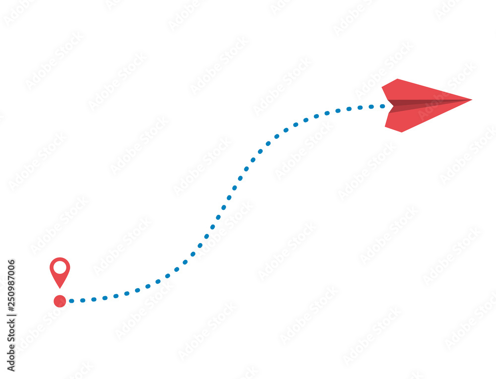 Red paper plane and its dotted path isolated on white background ...