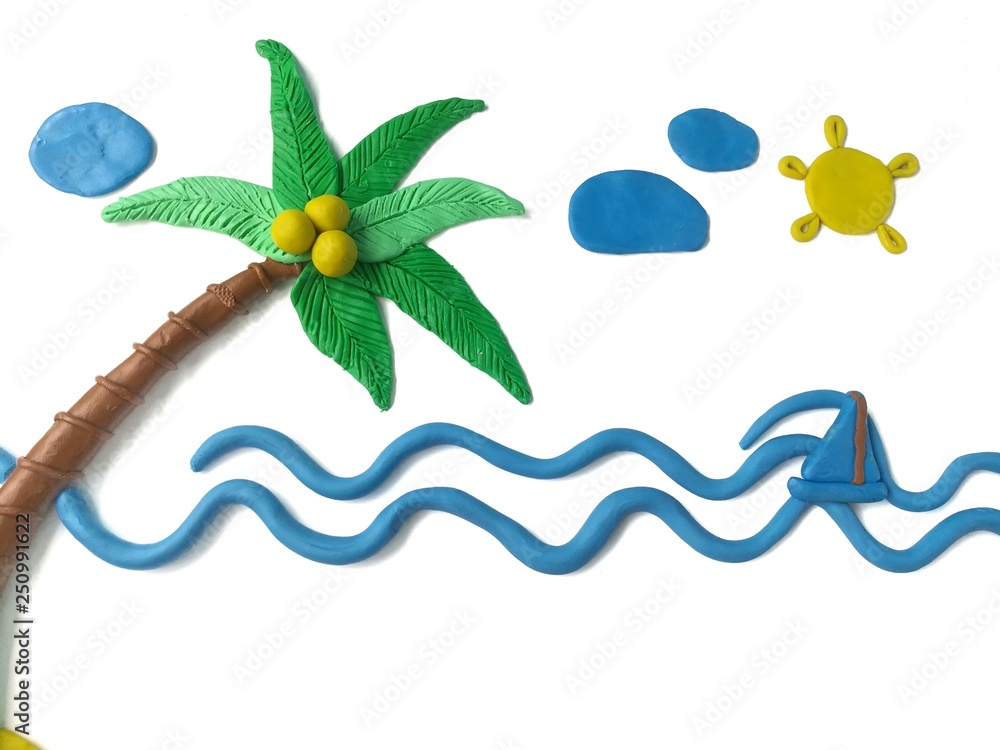 Coconut tree, boat waves in the sea, sky with clouds and sun made from ...