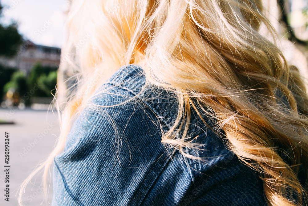 Shoulder girl dressed in denim clothes on the shoulder fall off white ...