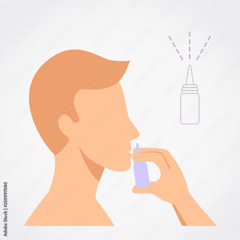 Man using nasal spray simple flat vector illustration on grey ...