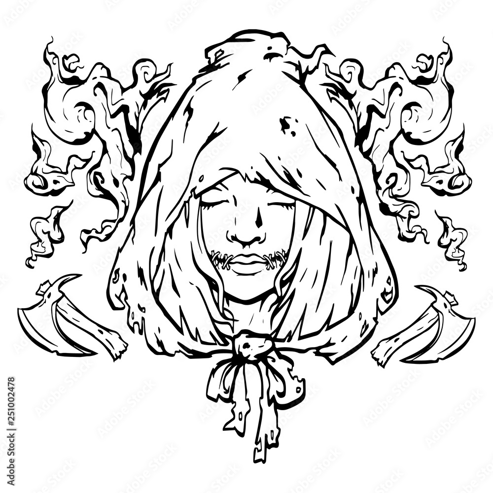 Outline fairytale Red riding hood head vector illustration with freedom ...