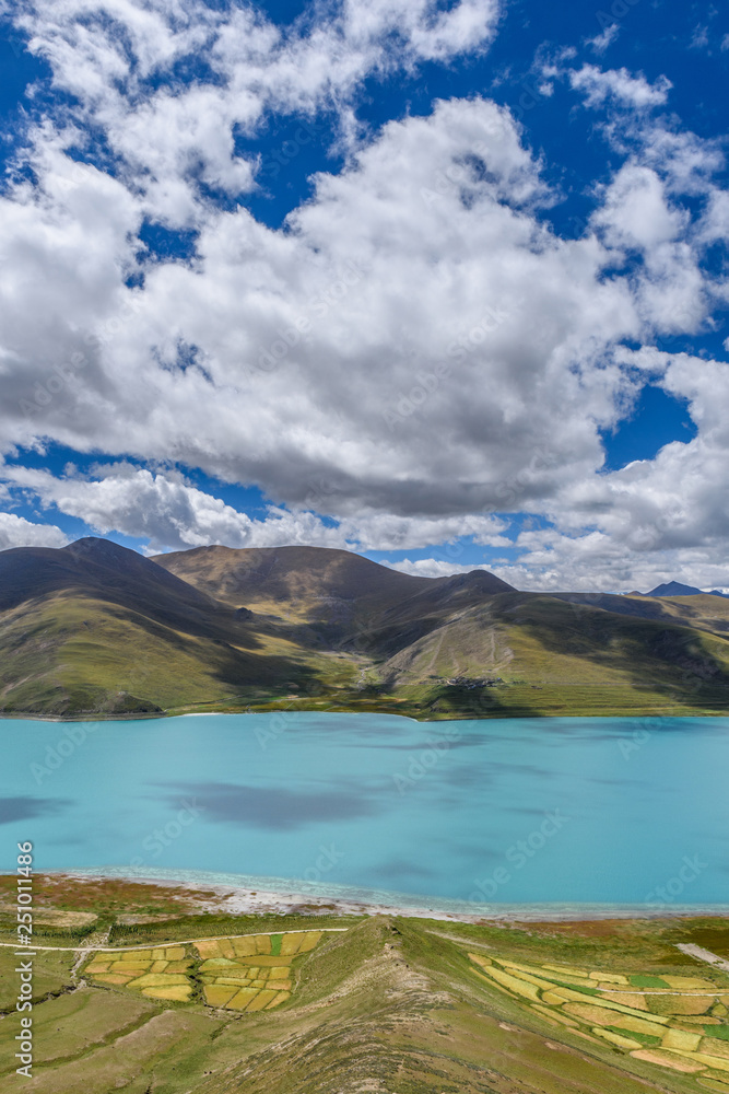 View of Yamdrok Lake (also known as Yamdrok Yumtso or Yamzho Yumco), it is a freshwater lake ...