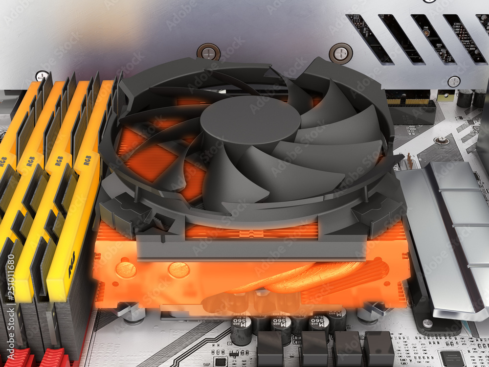 Simulation Of Cpu Overheating View Of The Processor Cooling System 3d Render Stock Illustration