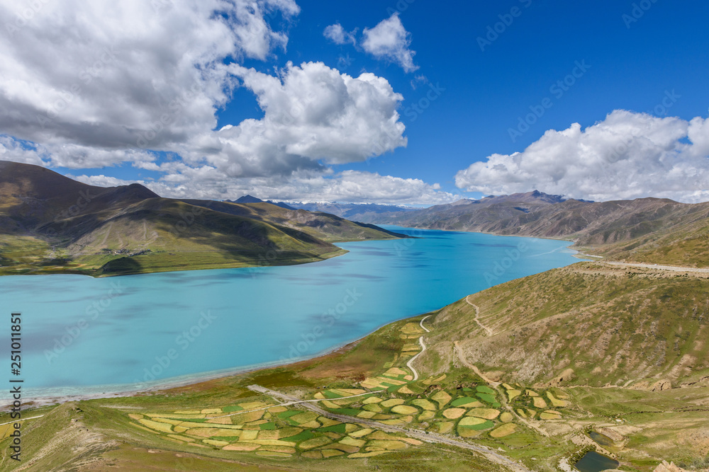 View of Yamdrok Lake (also known as Yamdrok Yumtso or Yamzho Yumco), it is a freshwater lake ...
