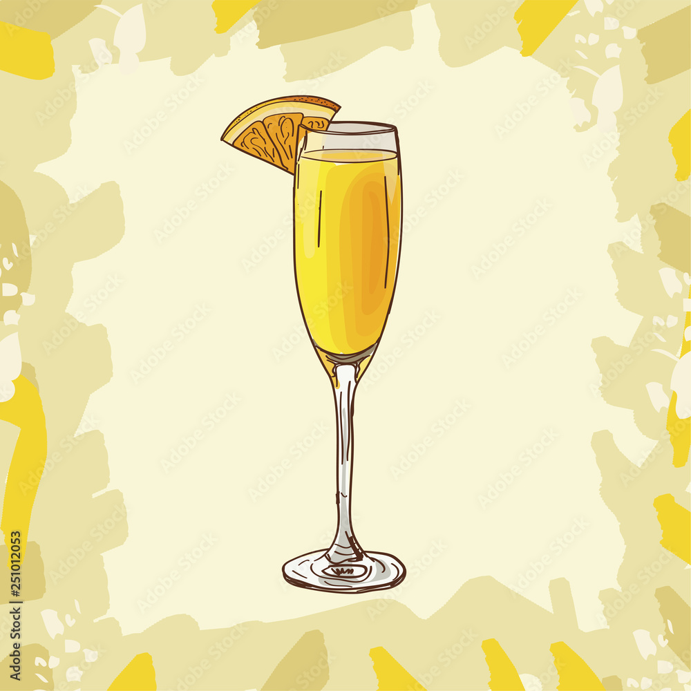 Mimosa cocktail illustration. Alcoholic classic bar drink hand drawn ...