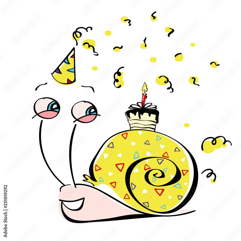 Joyful cute snail celebrating with confetti, party hat and birthday cake with burning candle ...