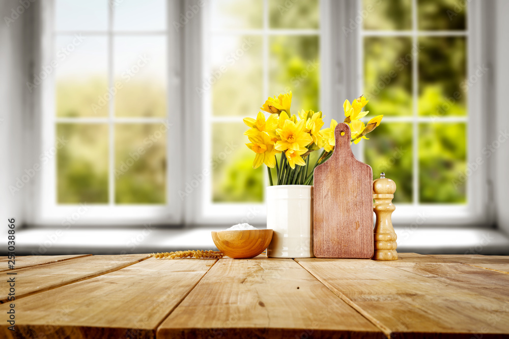 Desk of free space and spring window background Stock Photo | Adobe Stock