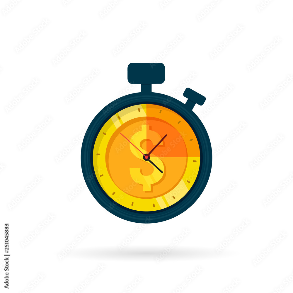 Money is time icon for apps and website. Stopwatch with coin on screen ...