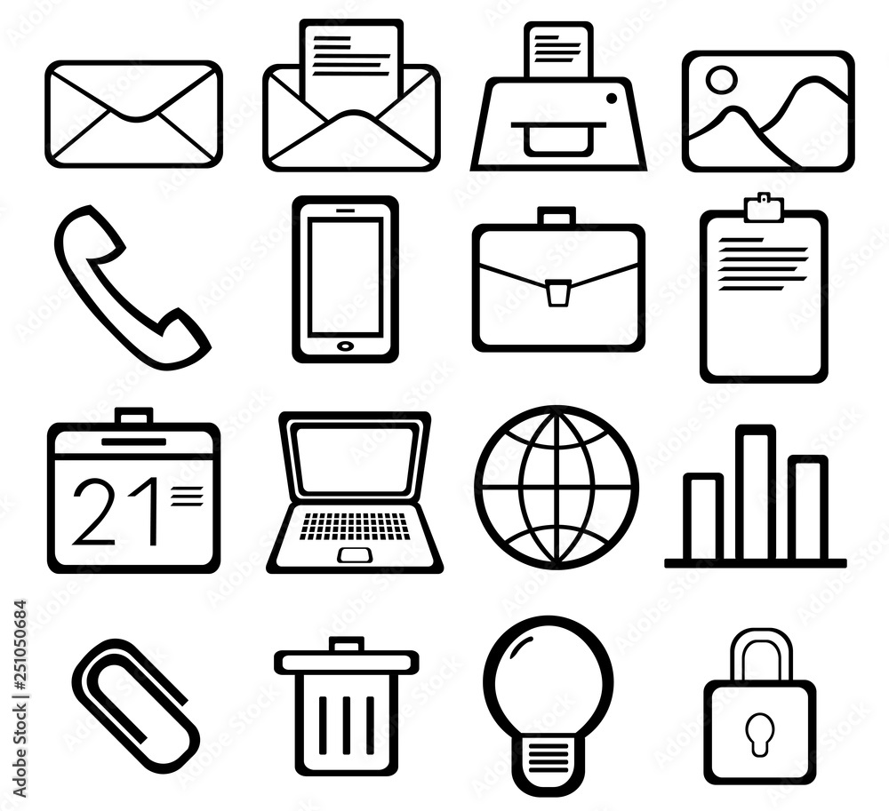 Set of office symbols and icons, basic office elements set Stock Vector ...