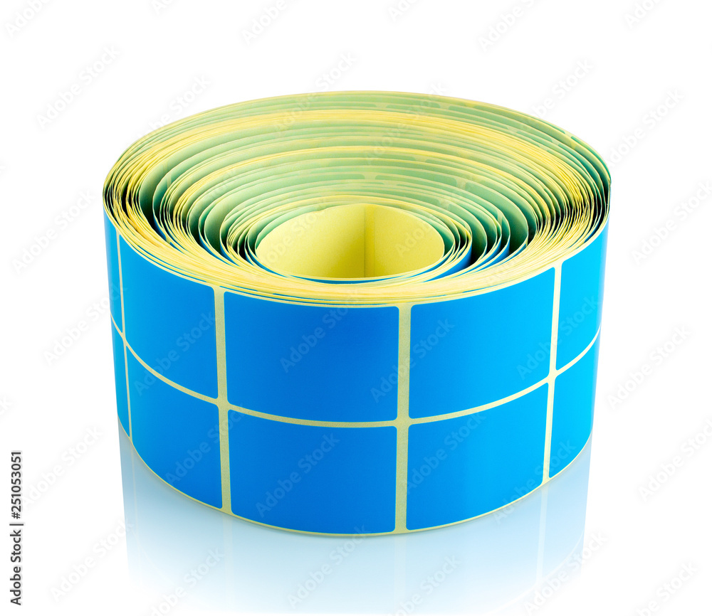Blue label roll isolated on white background with shadow reflection ...