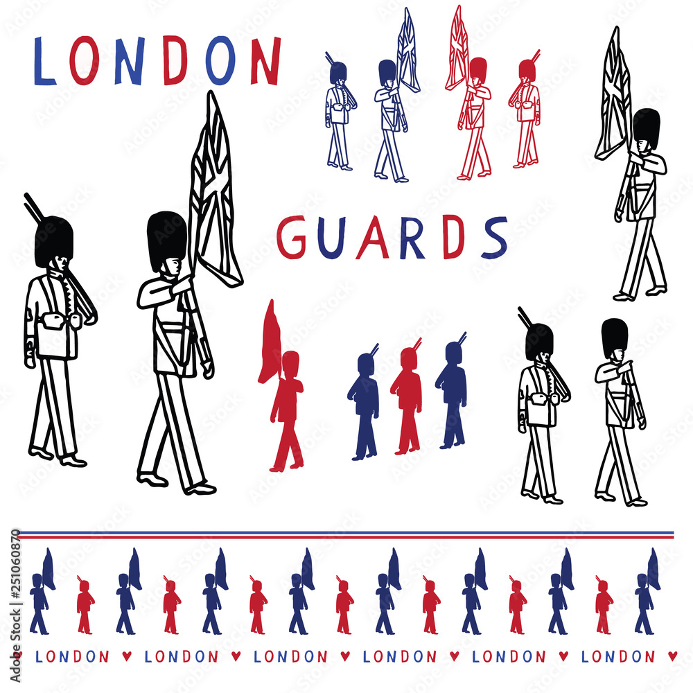 Sketchy London Royal Guard clipart elements set. Famous historical ...
