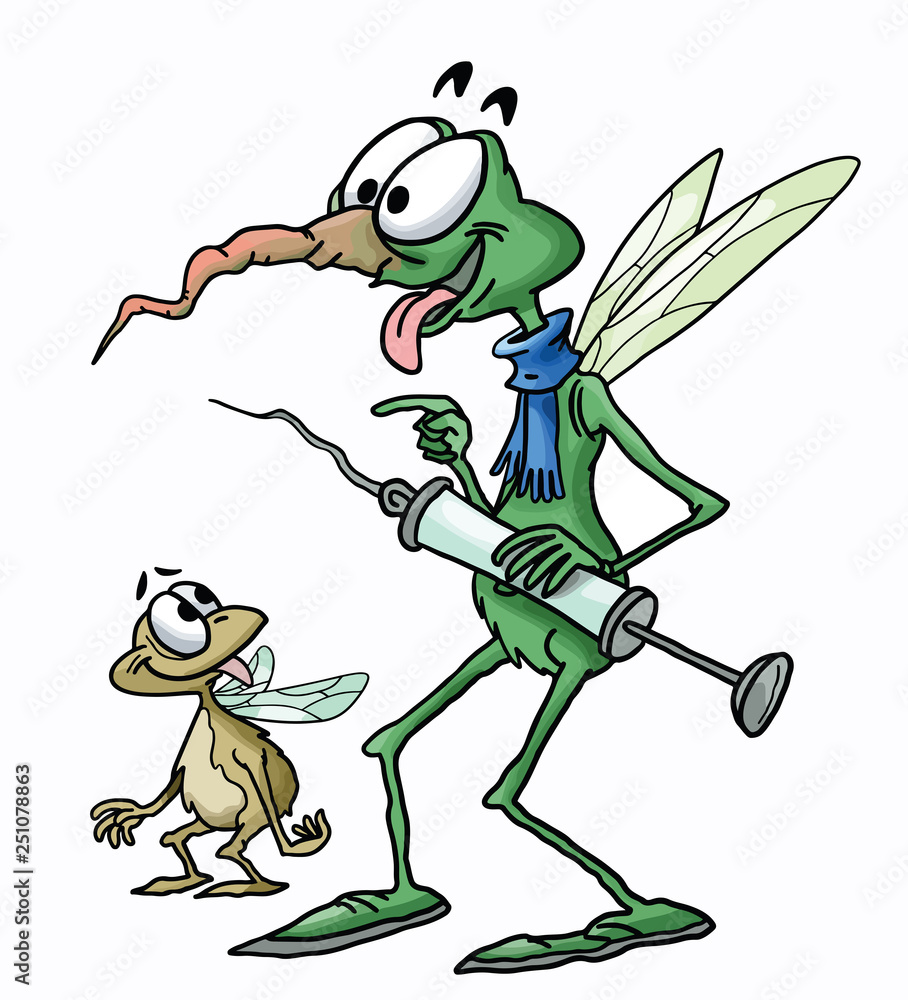 Cartoon mosquito and a fly holding a syringe in his hands vector ...