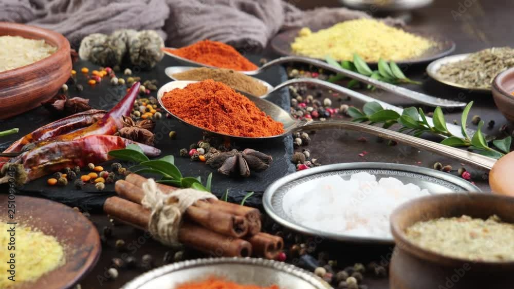 Spices and seasonings for cooking in the composition on the table Stock ...