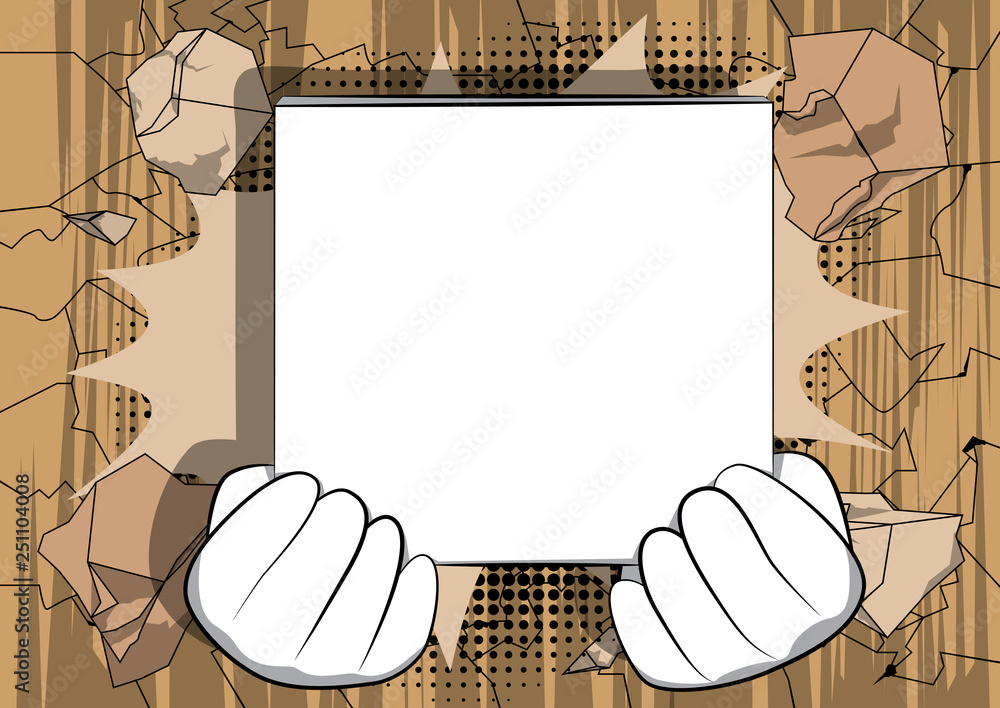 Vector cartoon hand holding a big white box. Illustrated hand on comic ...