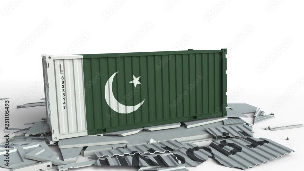 Cargo container with flag of Pakistan breaks container with IMPORT text. Conceptual 3D animation ...