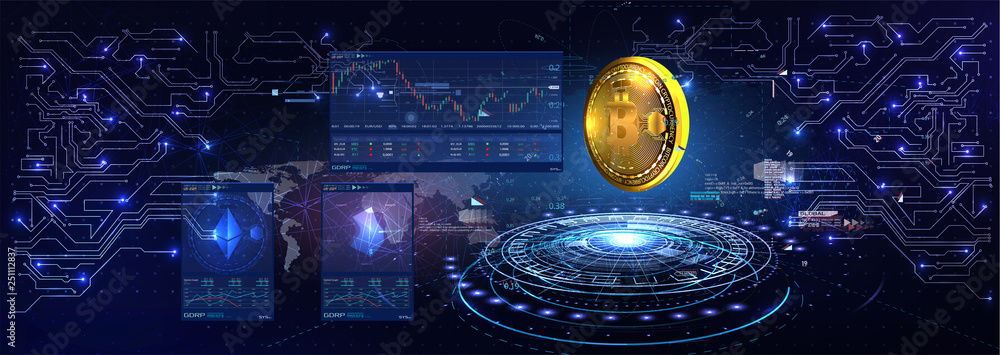Coin conceptual background with blue glowing electric lights in style ...