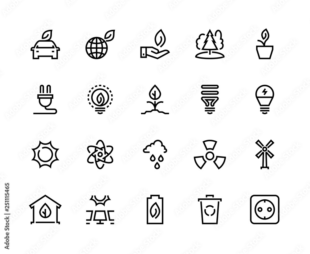 Ecology line icons. Eco nature green environment green water solar wind ...