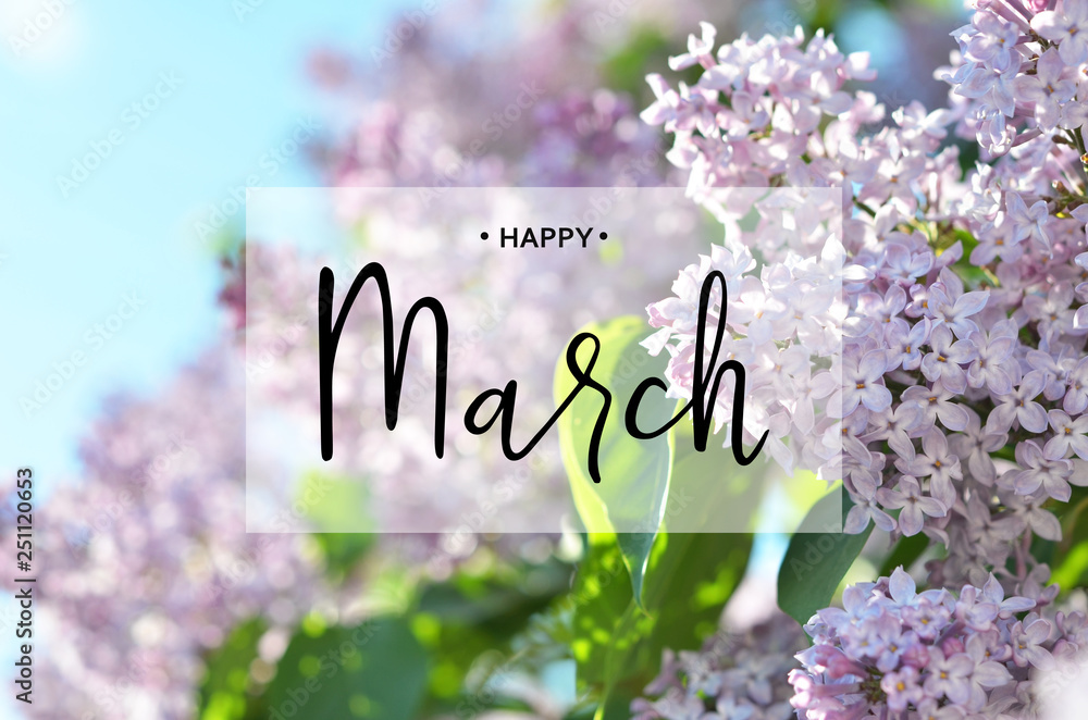 Inscription Happy March. Lilac flower. Spring background. Stock Photo ...