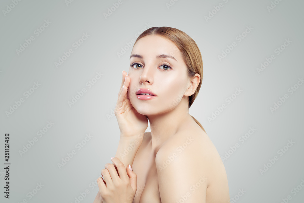 Beautiful model woman face on white background. Pretty girl with clear ...