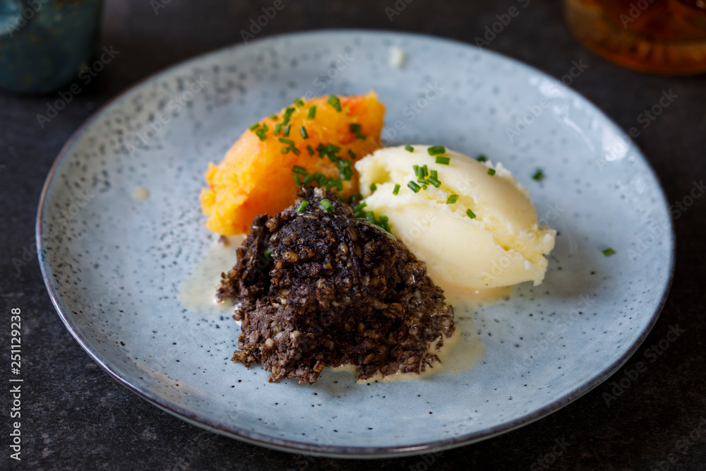 Scottish dish of haggis, neeps and tatties, meal served traditionaly on ...