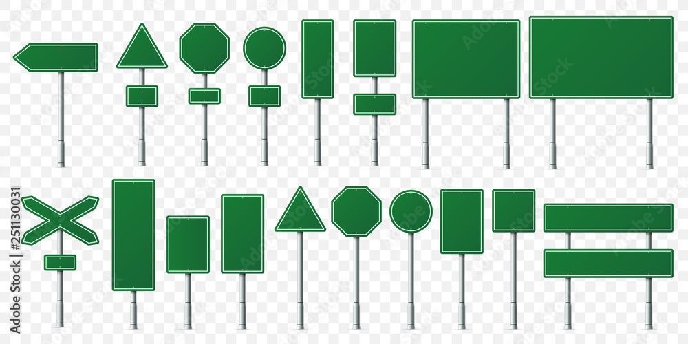 Green road sign board. Direction signs boards on metal stand, empty ...