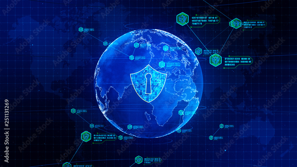 Shield icon on secure global network, Technology network and cyber ...