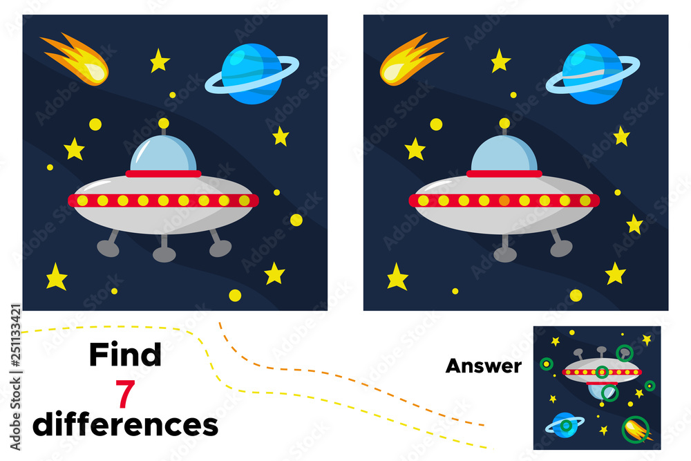 Cartoon aliens UFO. Educational game for children. Find 7 differences ...