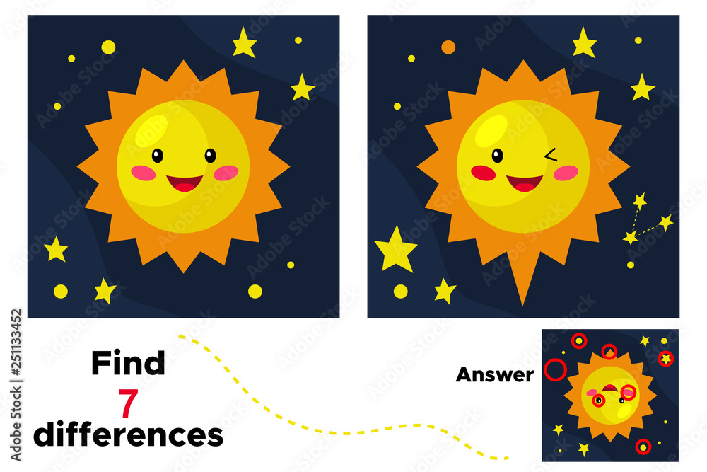 Cute cartoon sun. Educational game for children. Find 7 differences ...