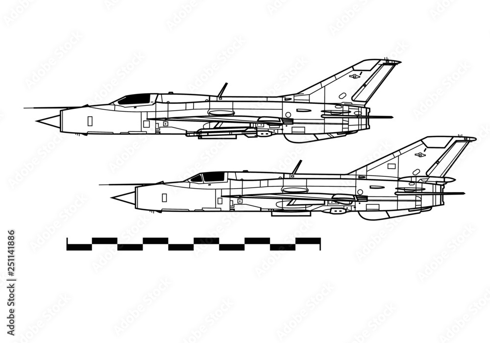 Mikoyan MiG-21 Fishbed. Outline drawing Stock Vector | Adobe Stock