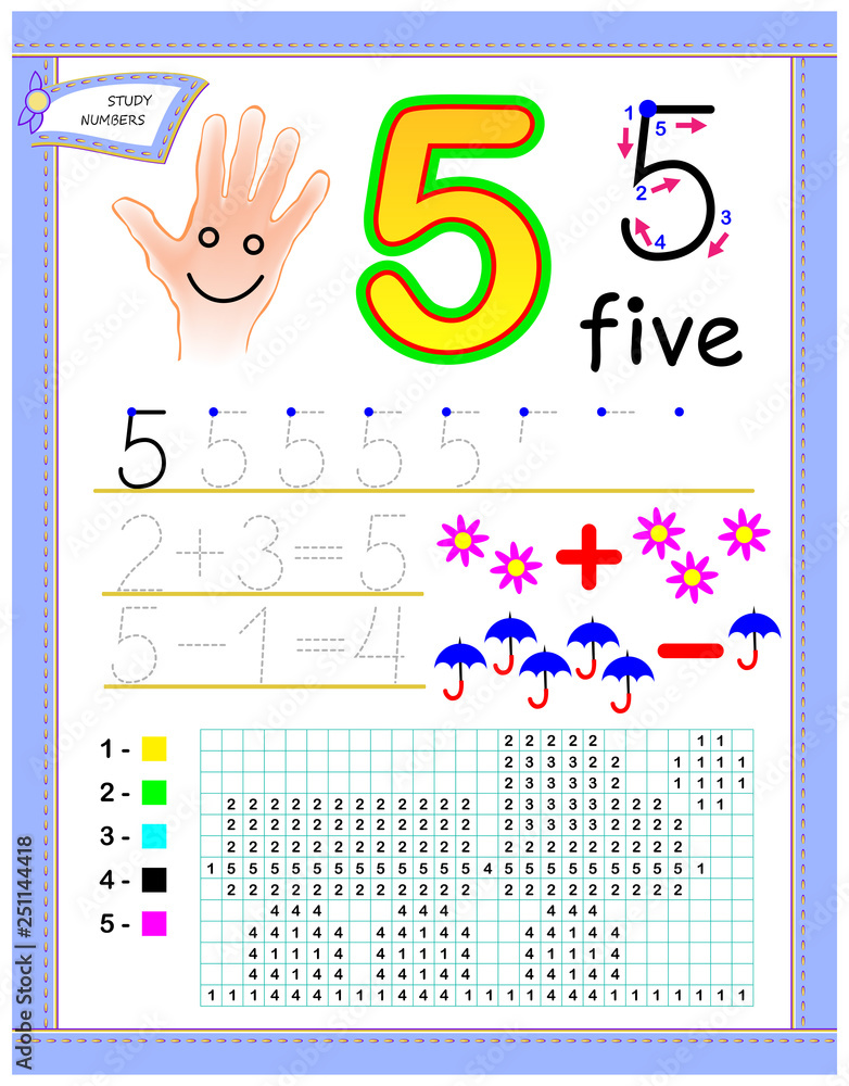 Educational page for kids with number 5. Paint the picture. Printable ...