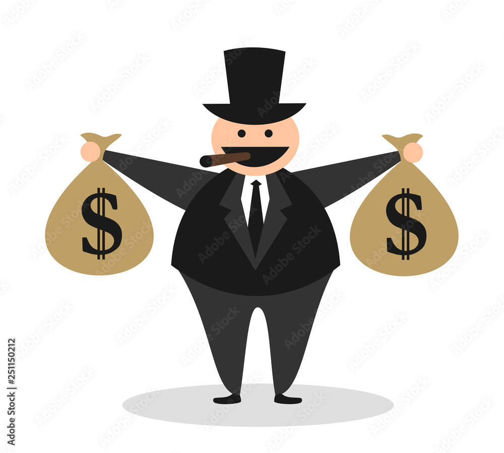 Profitable businessman is earning money. Caricature of greedy fat ugly ...