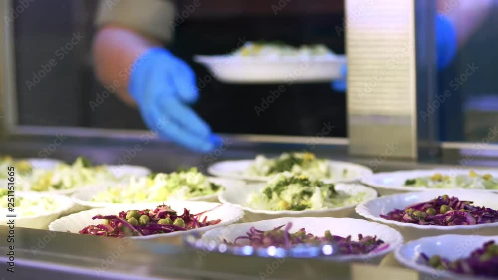 close-up, showcase with salads in canteen, mess hall, cafeteria, Food ...