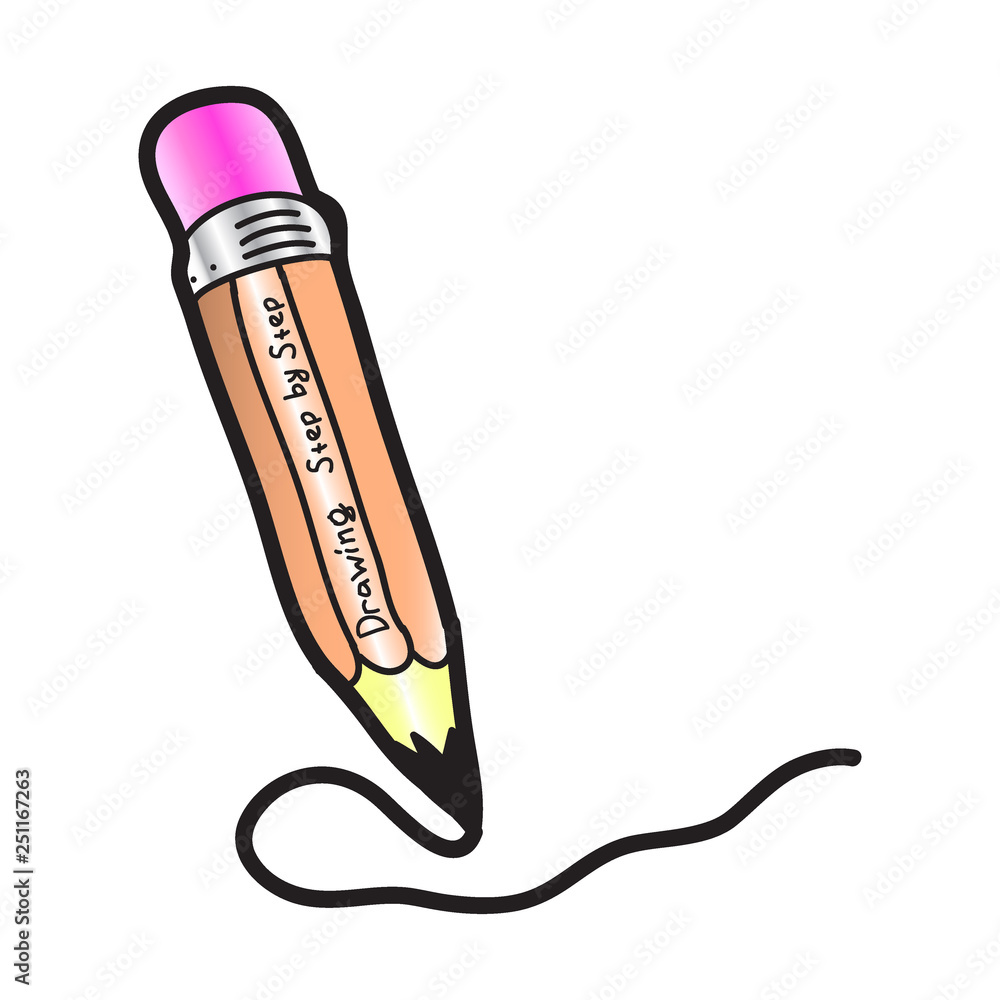 Cartoon pencil drawing step by step. Hand drawn illustration on white ...