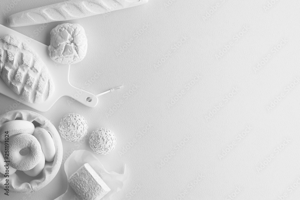 Monochrome composition of white figure of bread, long loaf, buns ...