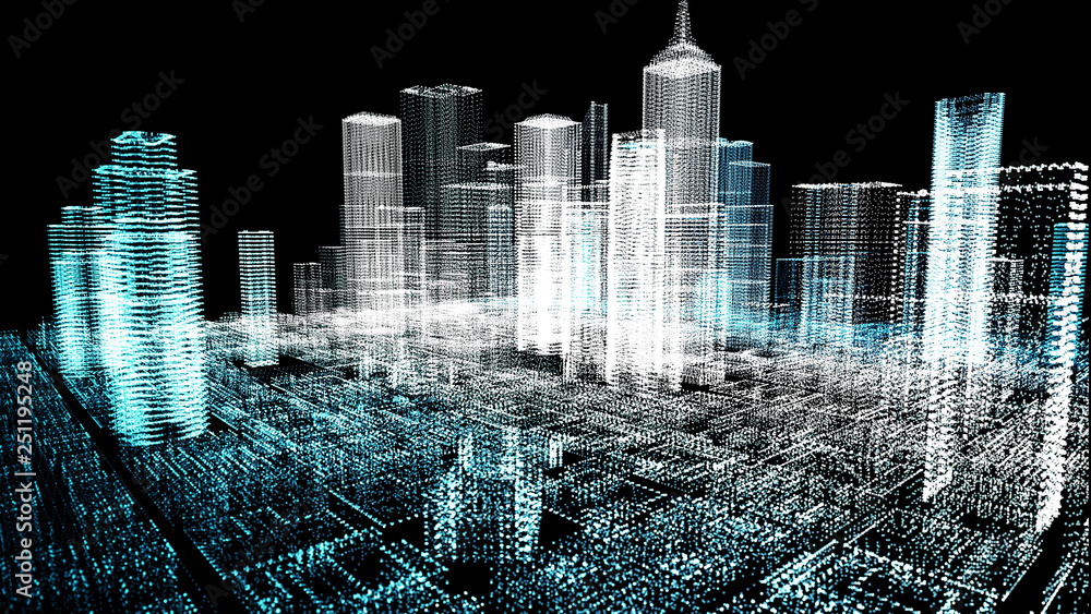 Energy power of future big city concept, neon cyber light skyscraper ...