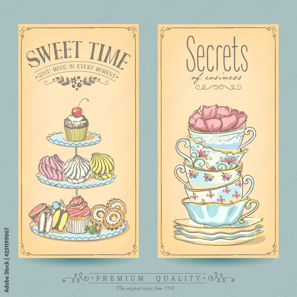 Card collection of hand-drawn cakes. Vintage posters of bakery sweet ...