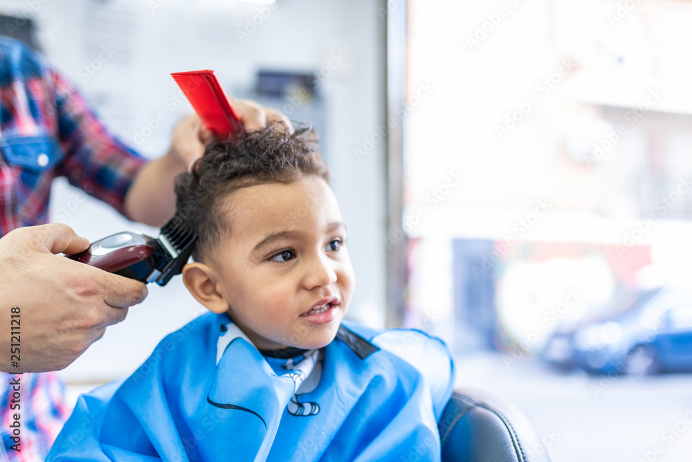 Cute Boy Getting a Hair Cut in a Barber Shop. Beauty Concept. Stock ...