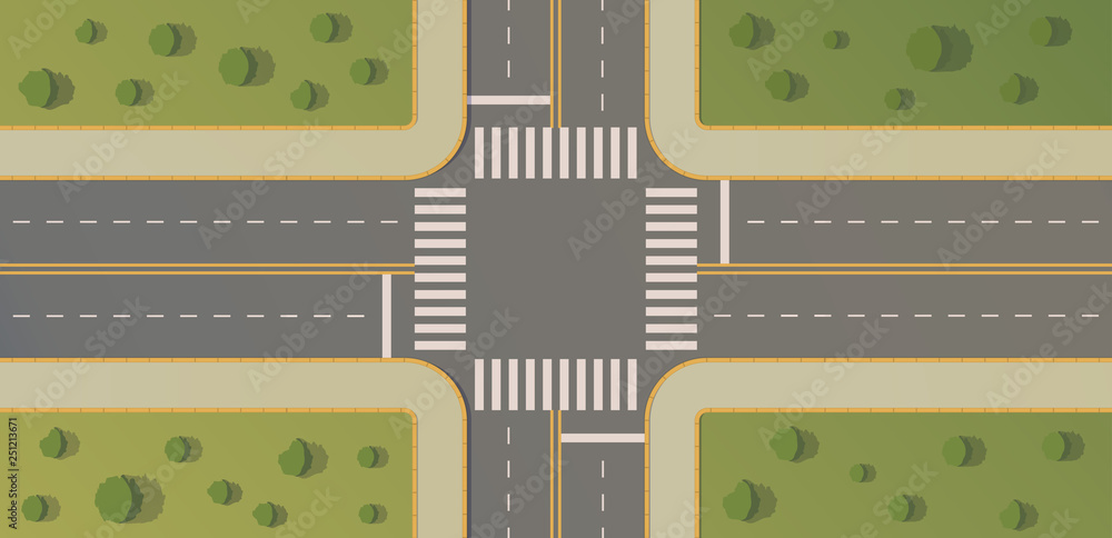 Crossroads of two roads with pedestrian paths, curbs and boards, road ...