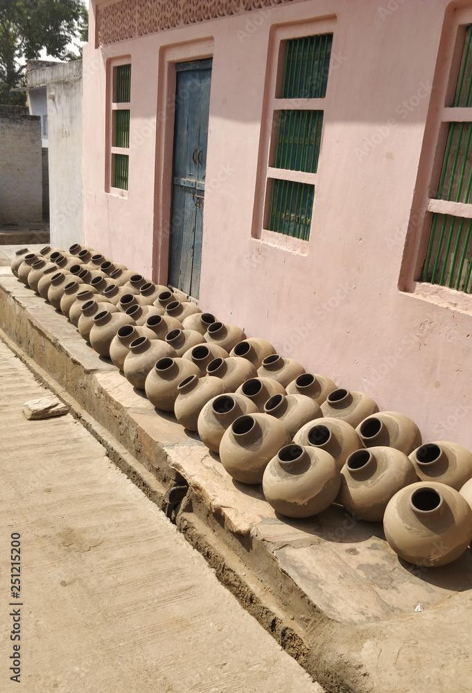 Collection of terracotta clay pots known as Matka in Indian ...