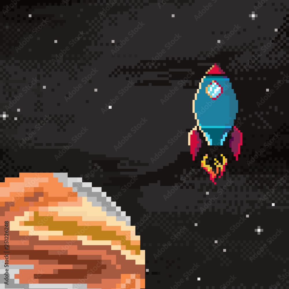 Vector of starry sky in retro pixel art style. Planet, Jupiter ...