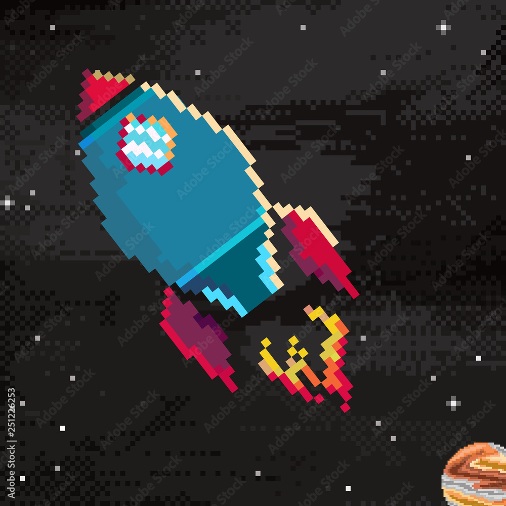 Vector of starry sky in retro pixel art style. Planet, Jupiter ...