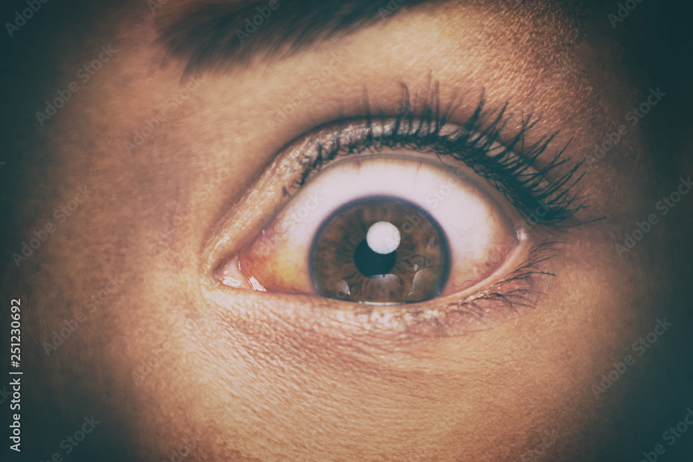 Eye Peeking Through Peep Hole Watching Something Scary Scared Woman With Look Of Horror In Her