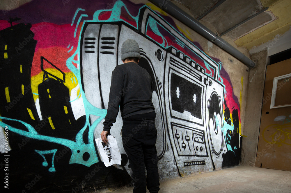 ghettoblaster graffiti on a wall Stock Photo | Adobe Stock