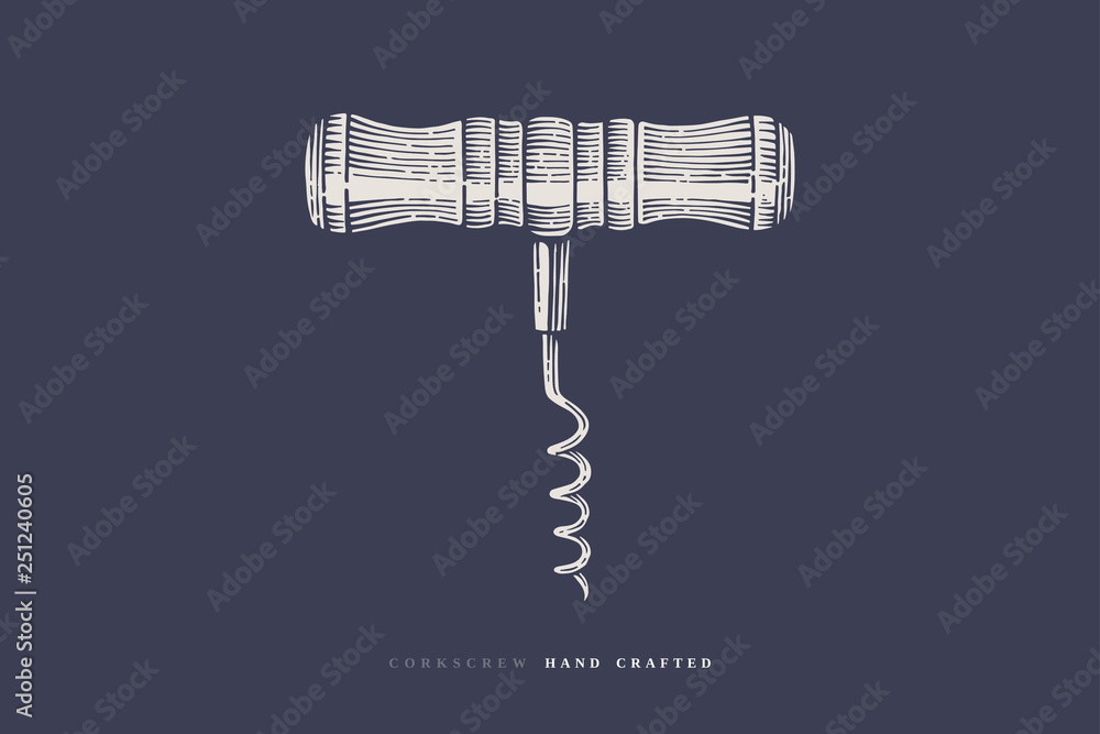 Hand-drawn corkscrew in an engraving style on a dark background ...