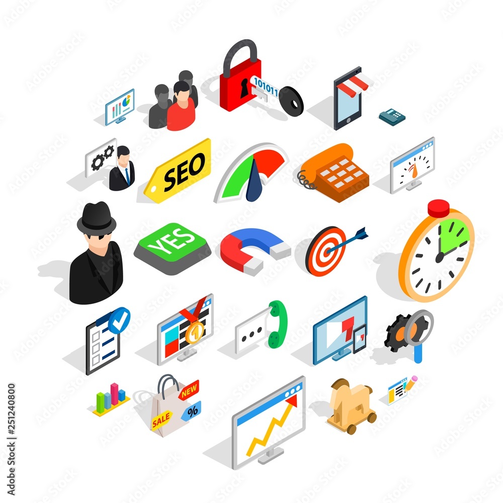 SEO help icons set. Isometric set of 25 SEO help vector icons for web ...