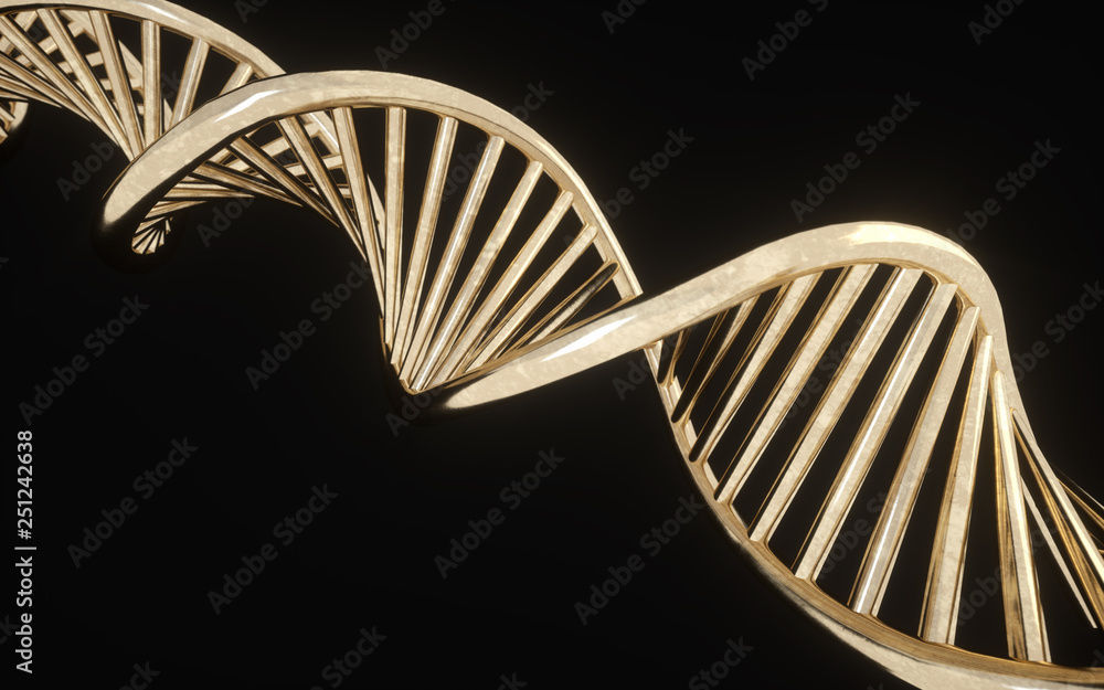 DNA sequence, gold DNA code structure. Science concept background. Nano ...