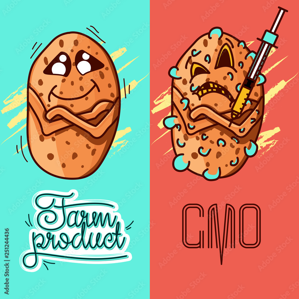 Vettoriale Stock Set of vector illustrations of a farm product vs GMO ...