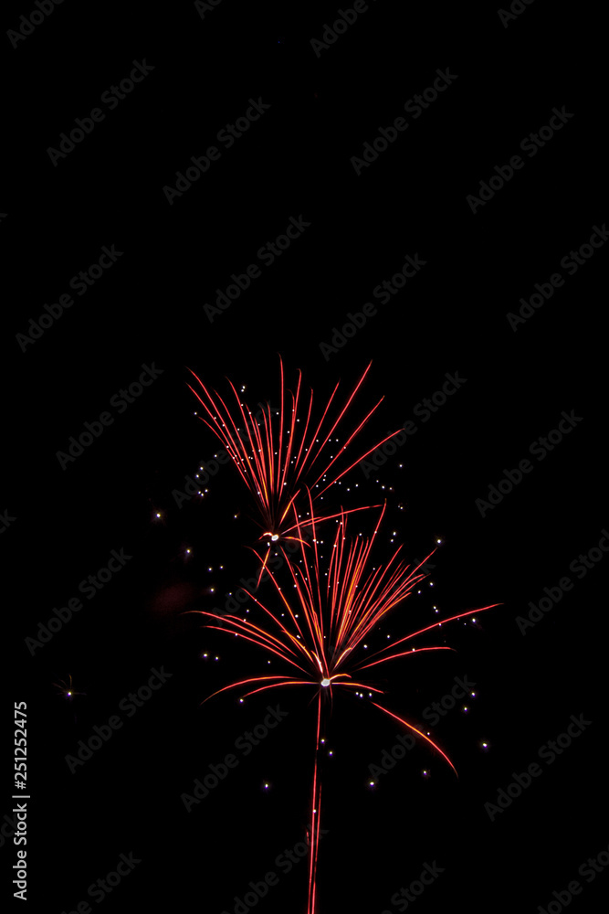 populous festive multi colour fireworks outside the city in the summer ...