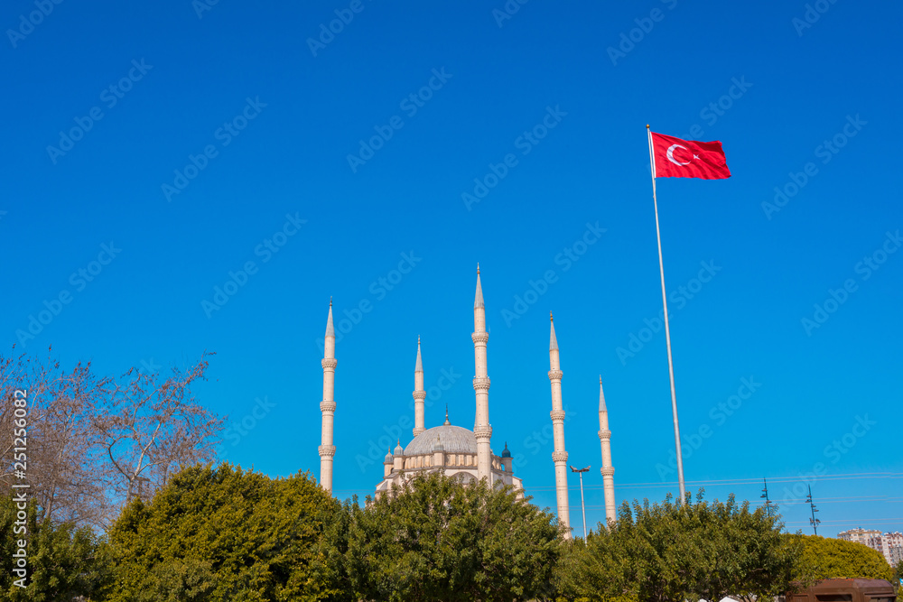 Sabanci Central Mosque and Turkish flag in Adana, Seyhan city of Turkey ...