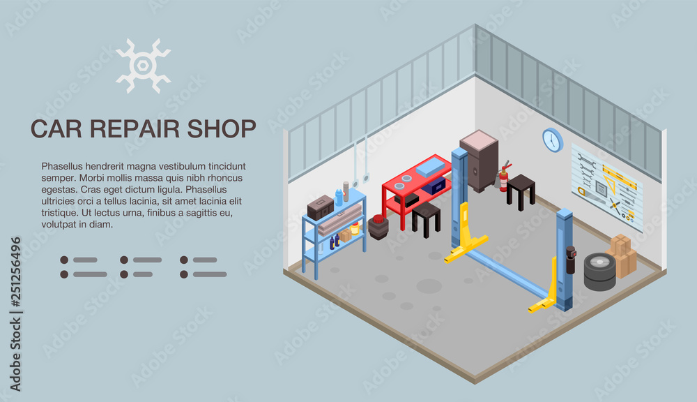 Car repair shop banner. Isometric illustration of car repair shop ...
